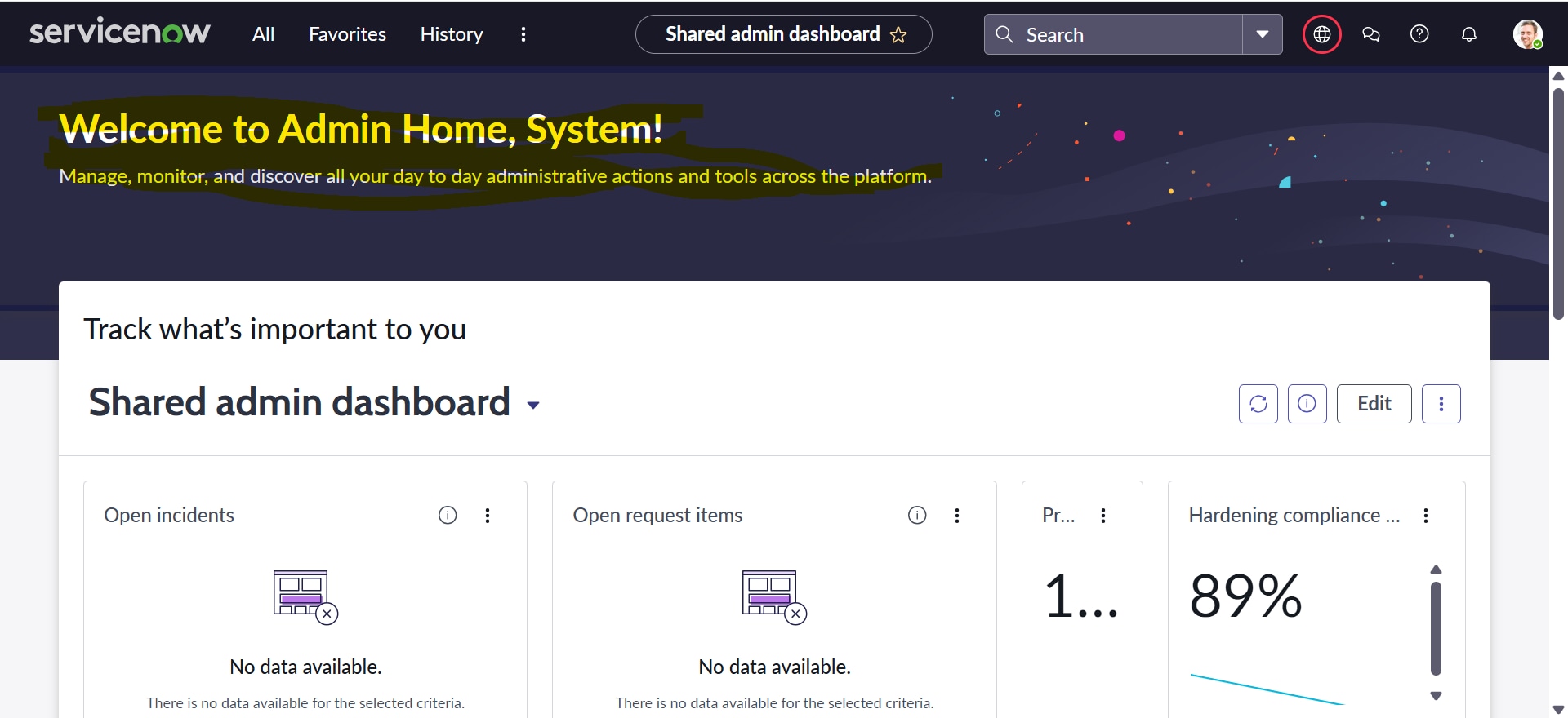 Solved: Update Shared Admin Dashboard Welcome Message - ServiceNow ...