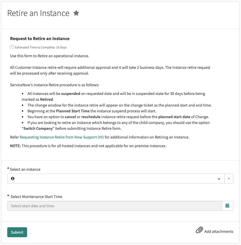 Retire an Instance Service Catalog on Now Support ... - ServiceNow ...