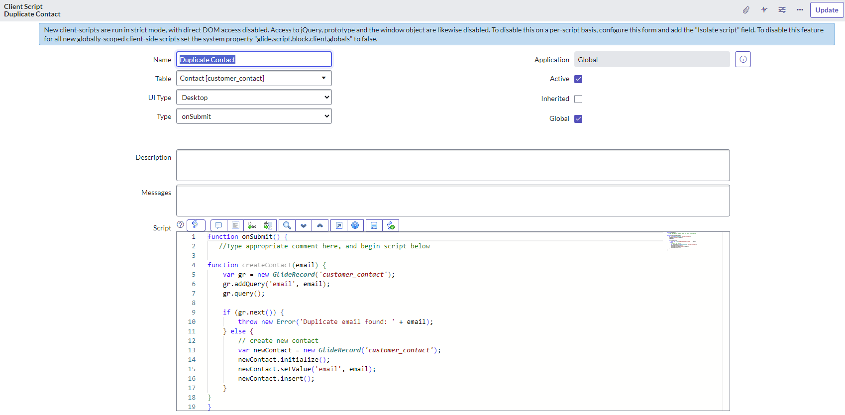 Solved Client Script For Duplicate Contacts Servicenow Community