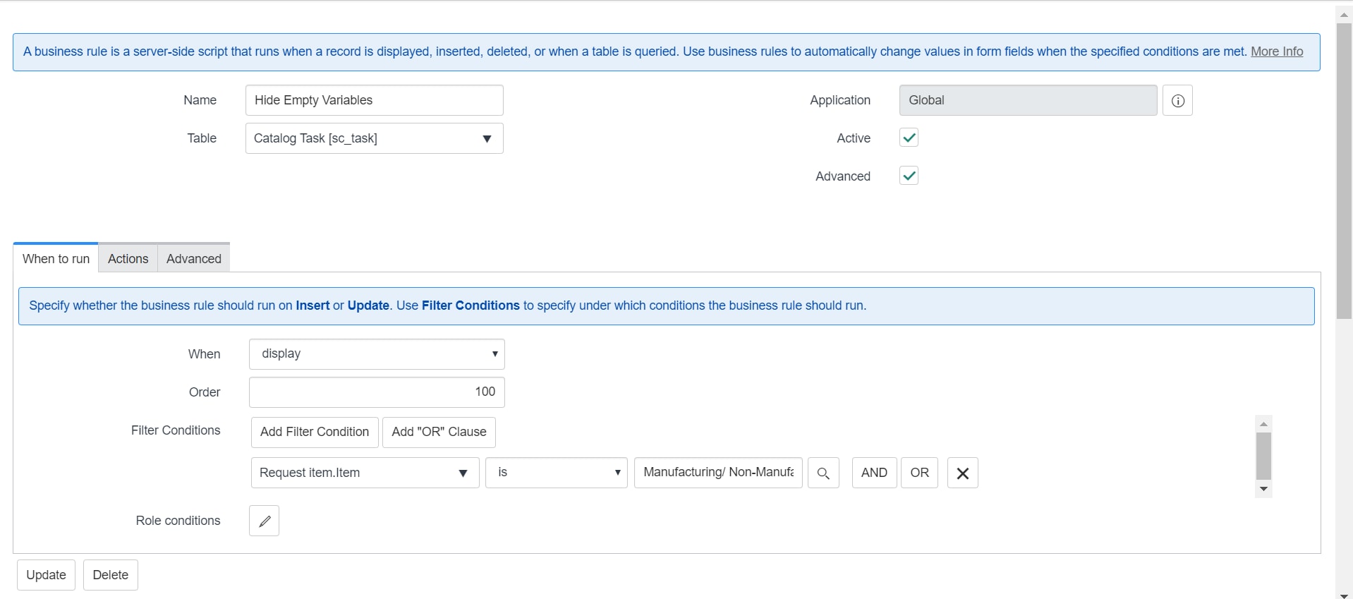 Hide empty variables on RITM and TASK record - ServiceNow Community