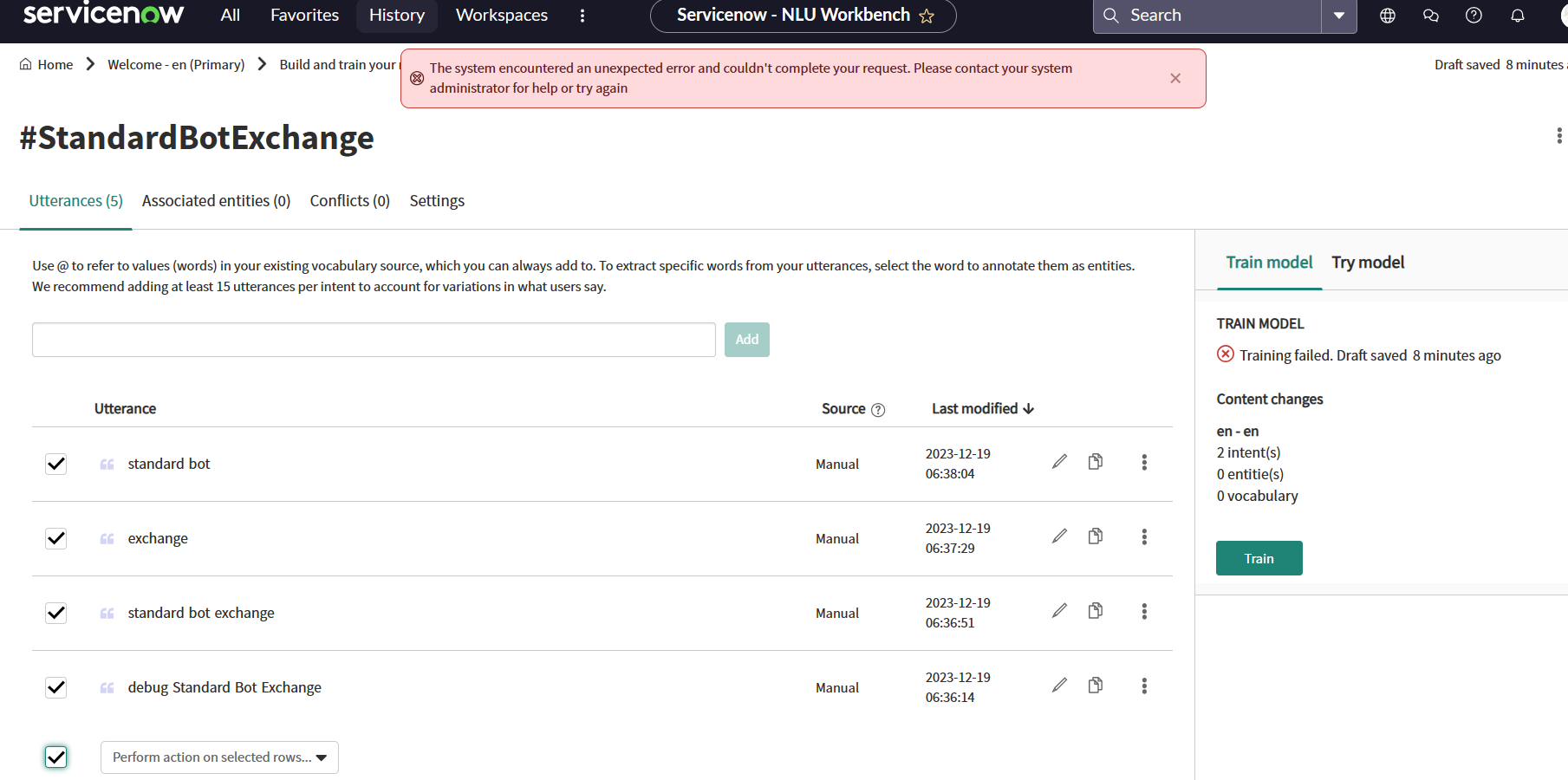 NLU Training Failed Error - ServiceNow Community