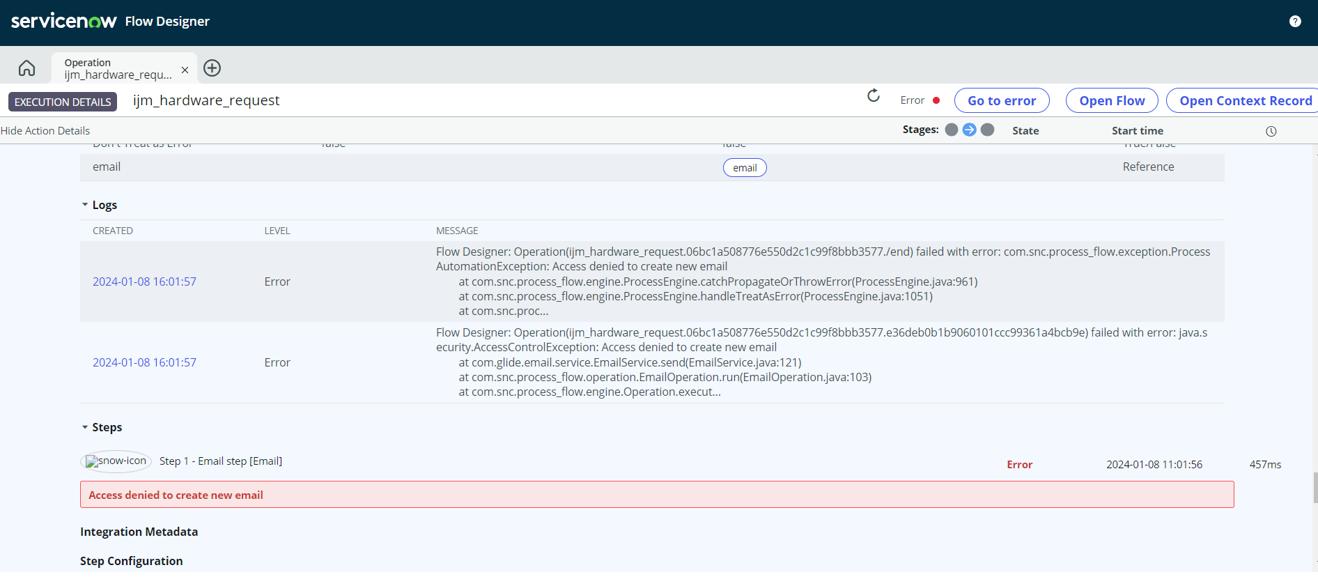 Error - Access denied to create new email in flow ... - ServiceNow ...