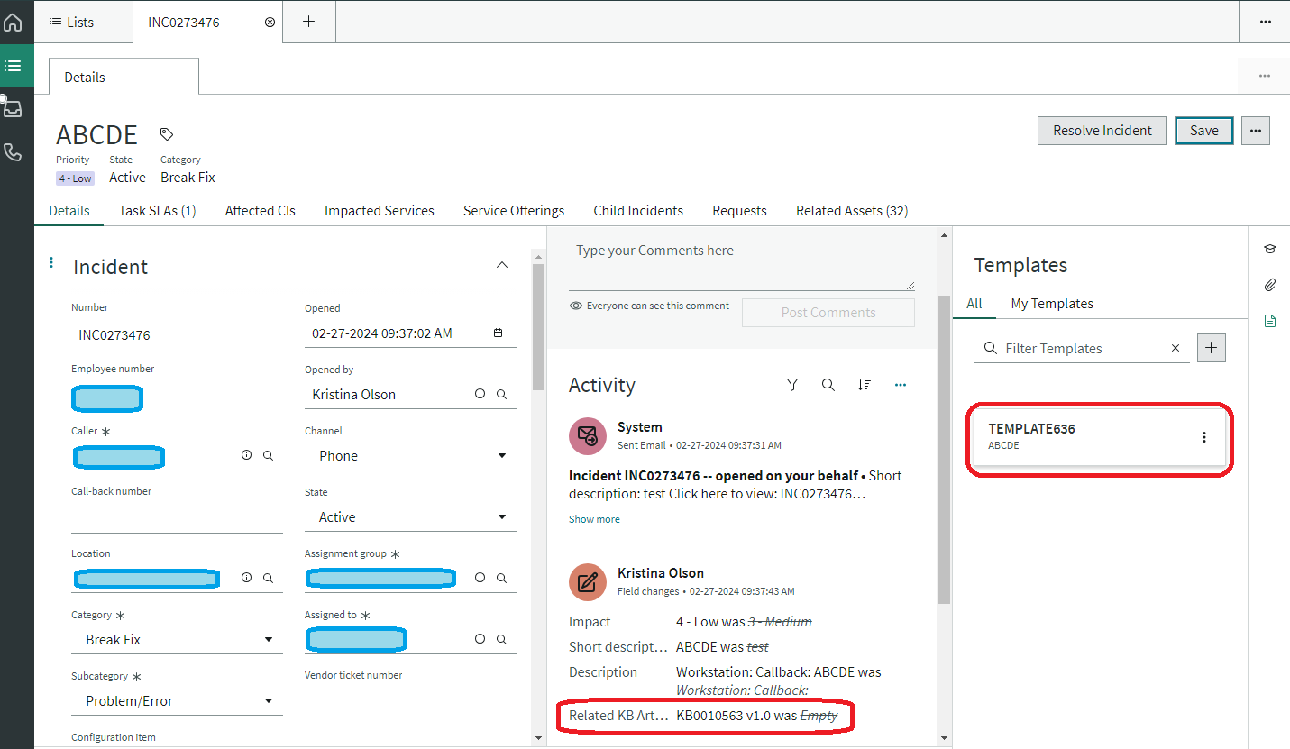 Agent Workspace issue with Incident Templates and ... - ServiceNow ...