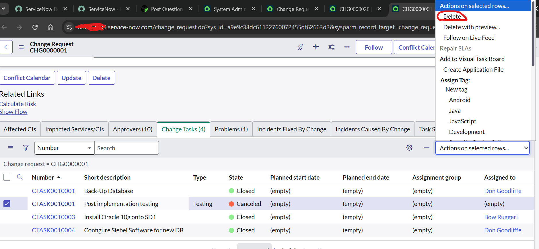 Solved: No one shouldn't have an access to delete Change T... - ServiceNow Community