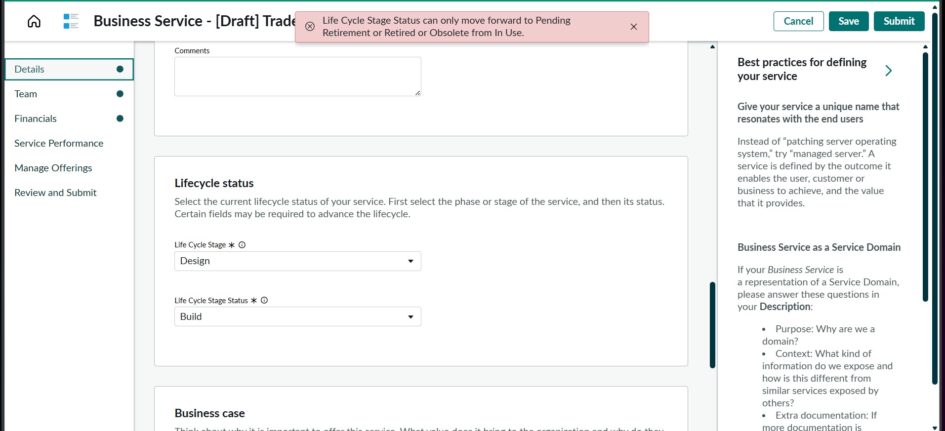 Error while moving lifecycle stage from operationa... - ServiceNow ...
