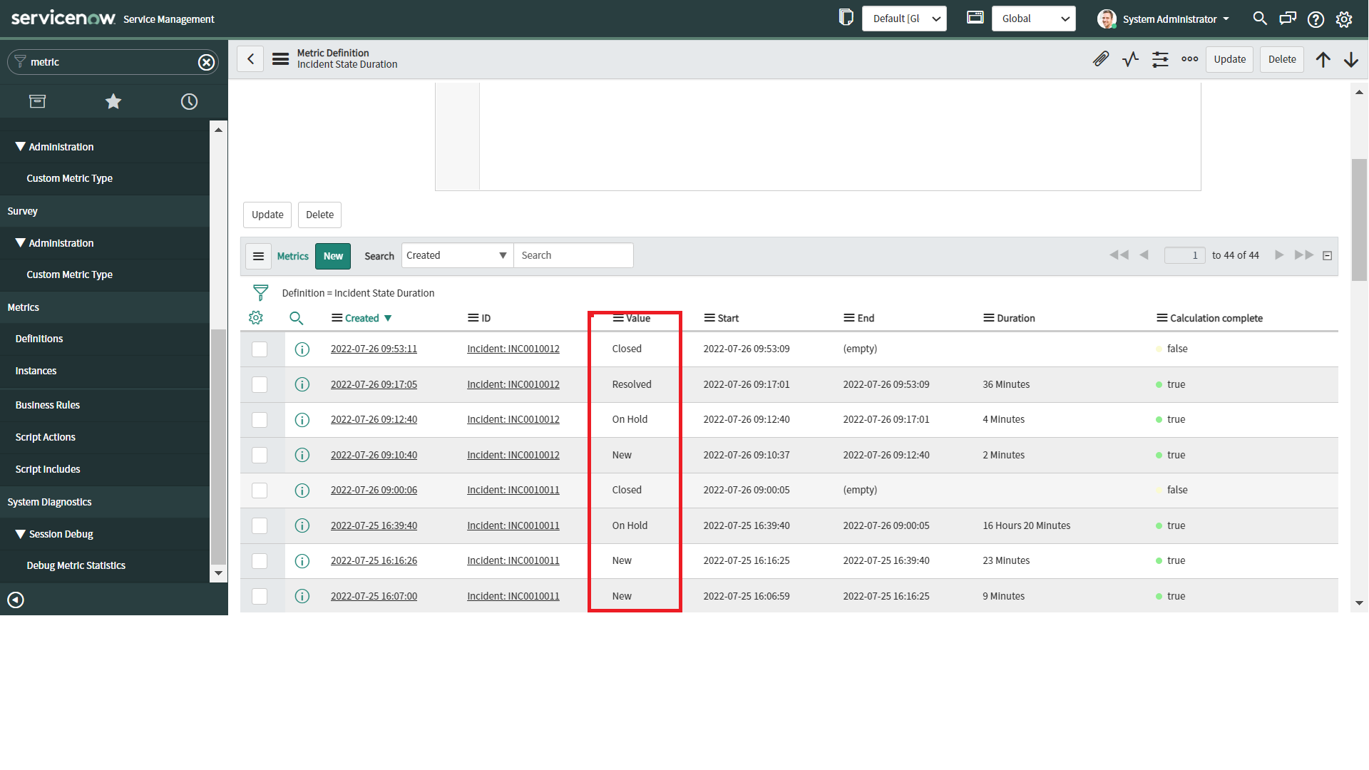 Solved: measure the time for each status in "Metric" - ServiceNow Community