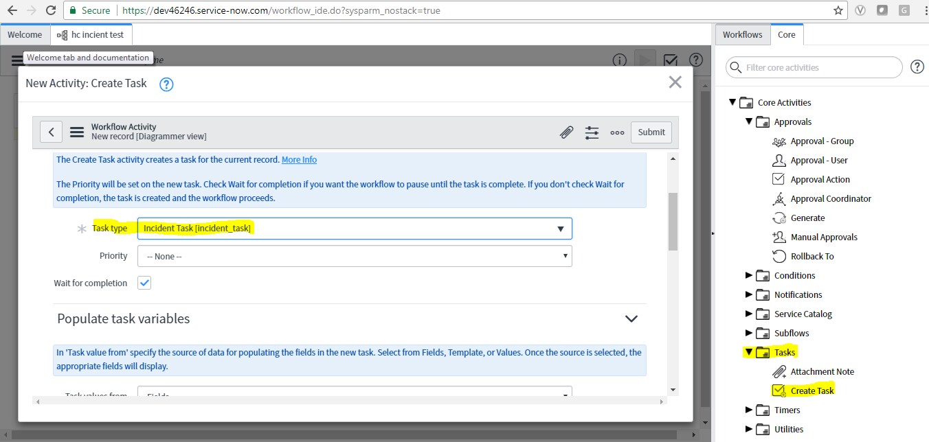 Solved: how to create incident task using workflow? - ServiceNow Community