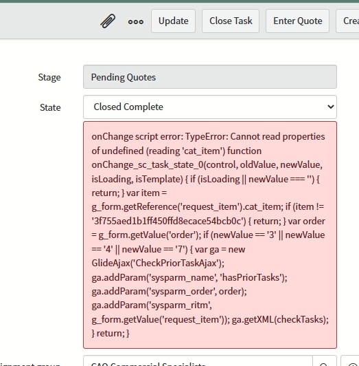 onChange error when closing SCTASK, see the image,... - ServiceNow ...