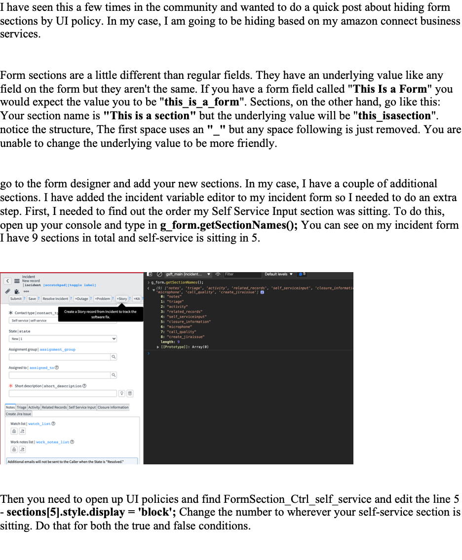 How To: Using UI Policies to hide form sections - ServiceNow Community