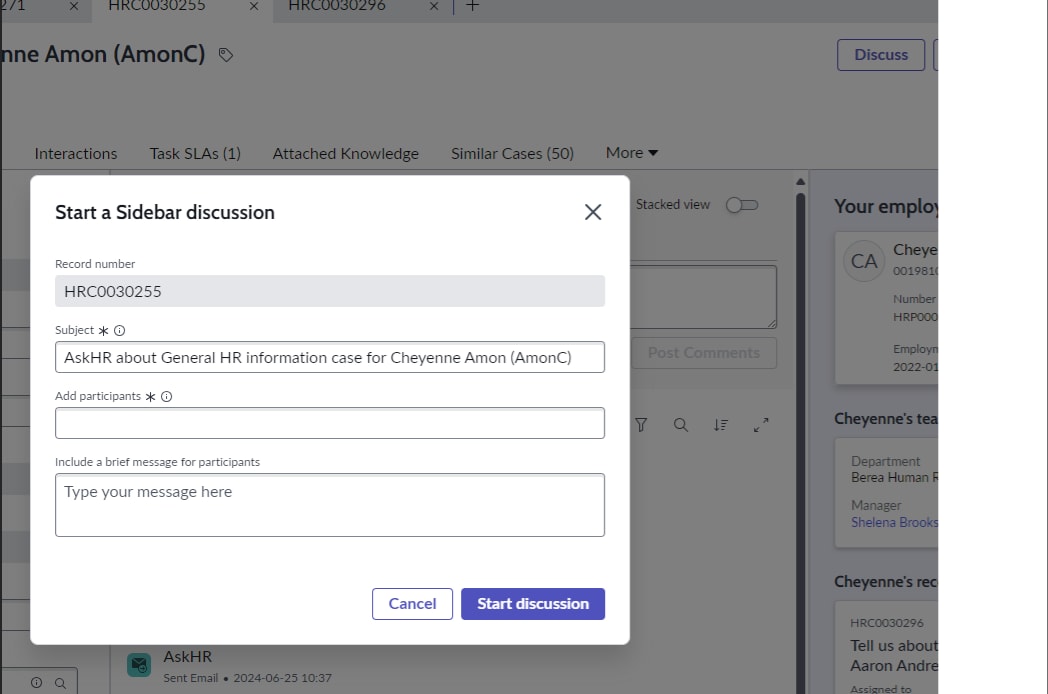 Sidebar discussion from a case in the HR Agent Wor... - ServiceNow ...