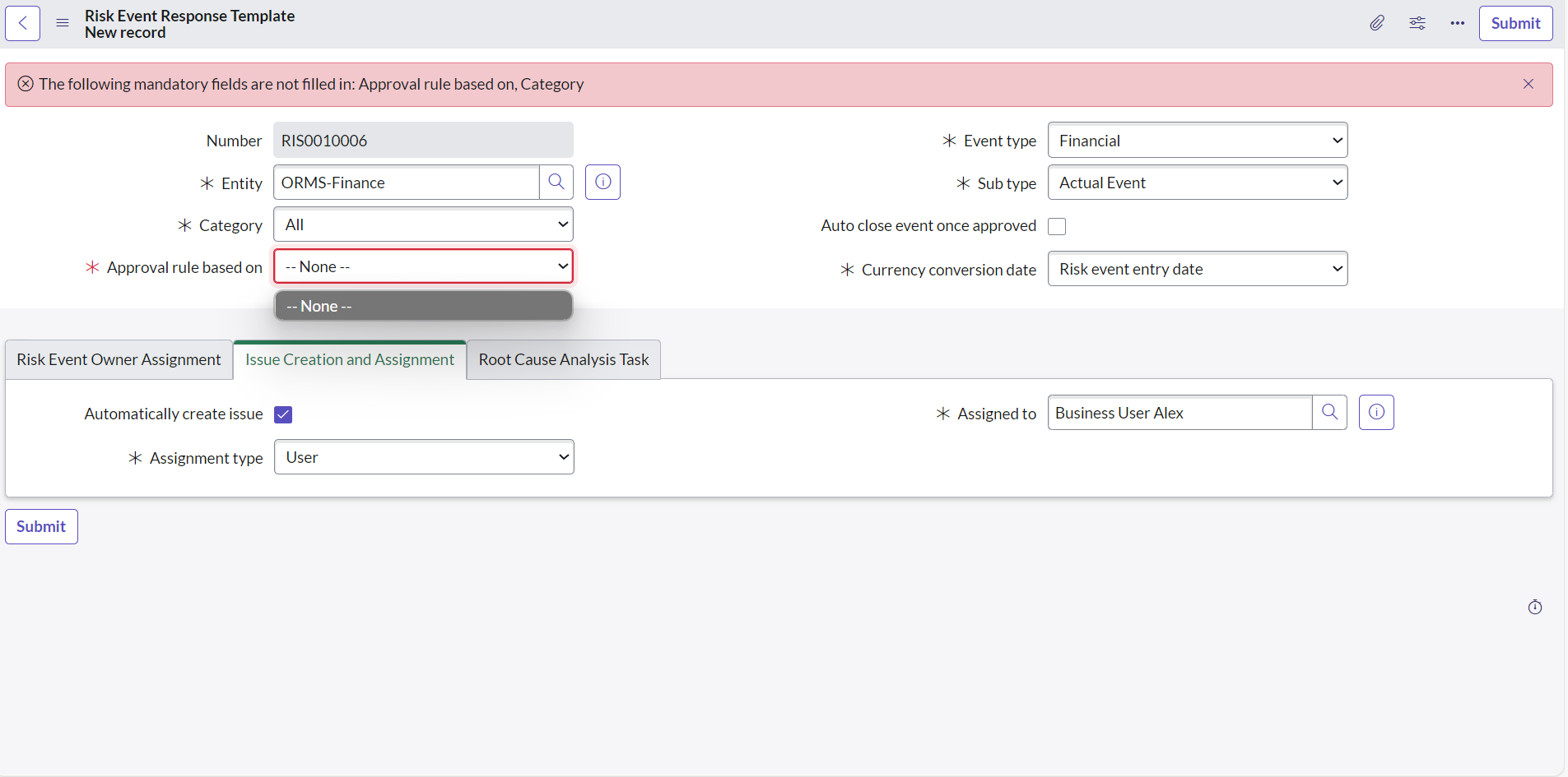 My risk event response template is not working. Th... - ServiceNow ...