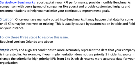 How to resolve incorrect or missing Benchmarks KPI... - ServiceNow ...