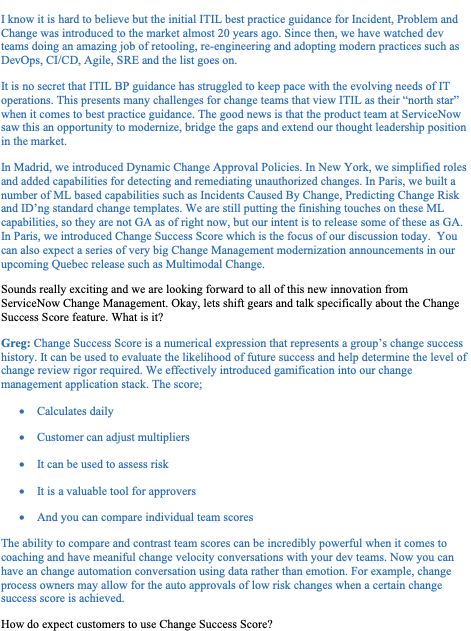 Change Success Score (Gamification) - ServiceNow Community