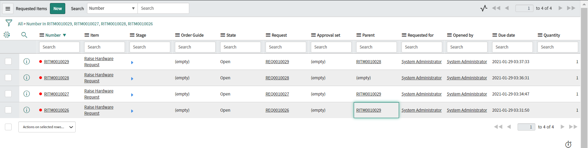 Solved: Want to show parent as well as RITM child number i ...