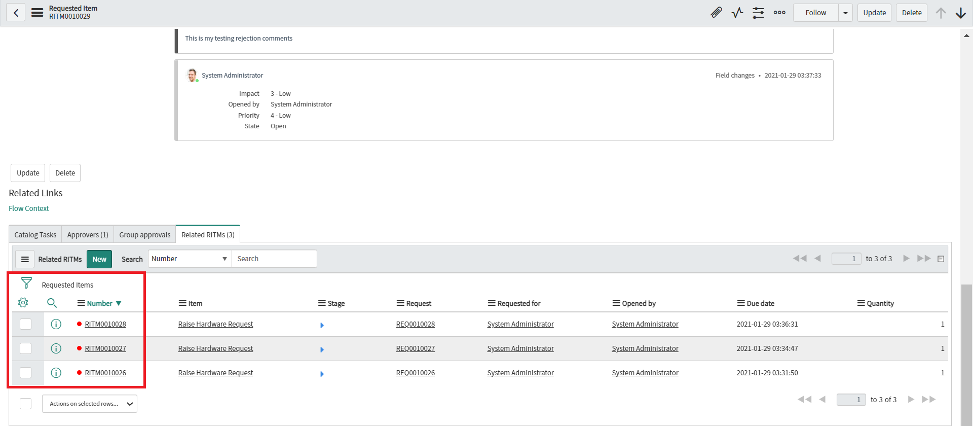 Solved: Want to show parent as well as RITM child number i ...