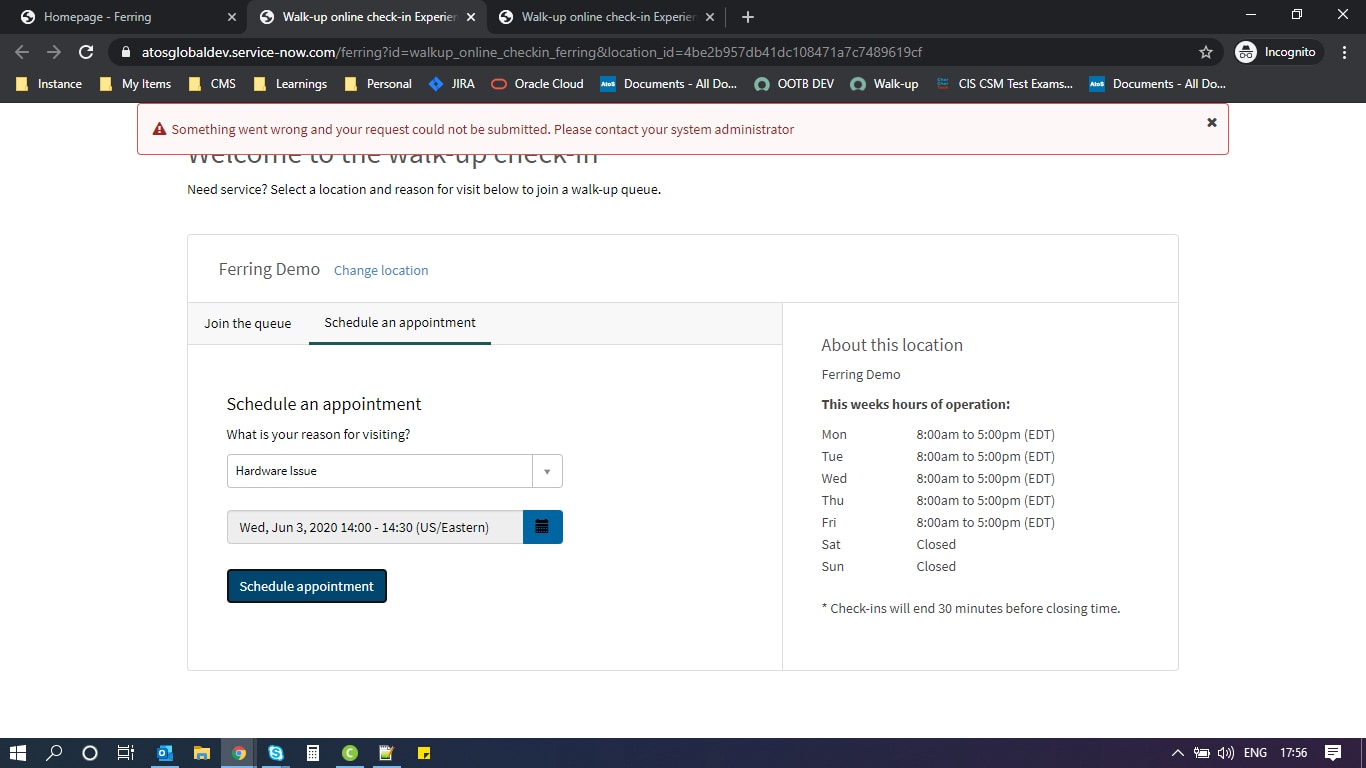 Not able to create a appointment in WalkUp Experie... - ServiceNow ...