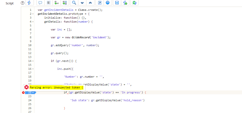Solved: Parsing error : unexpected token - ServiceNow Community