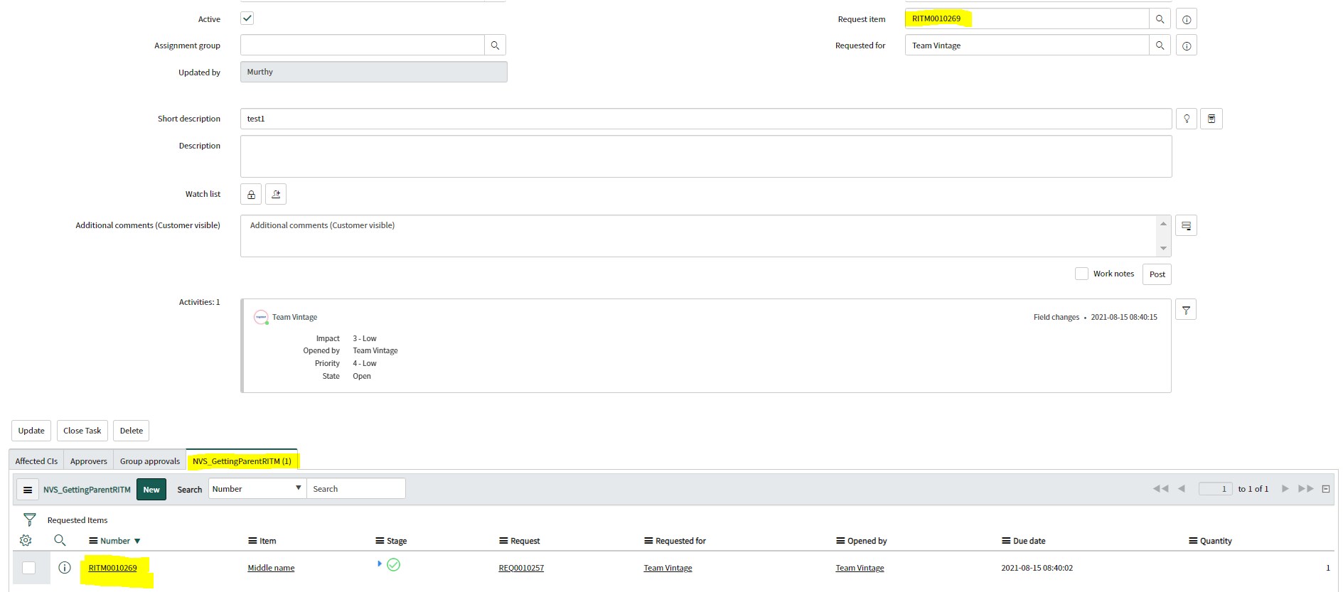 Solved: How to show the associated RITM in the related lis ...
