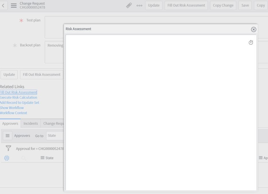 Fill Out Change Risk Assessment opens a blank wind... - ServiceNow ...