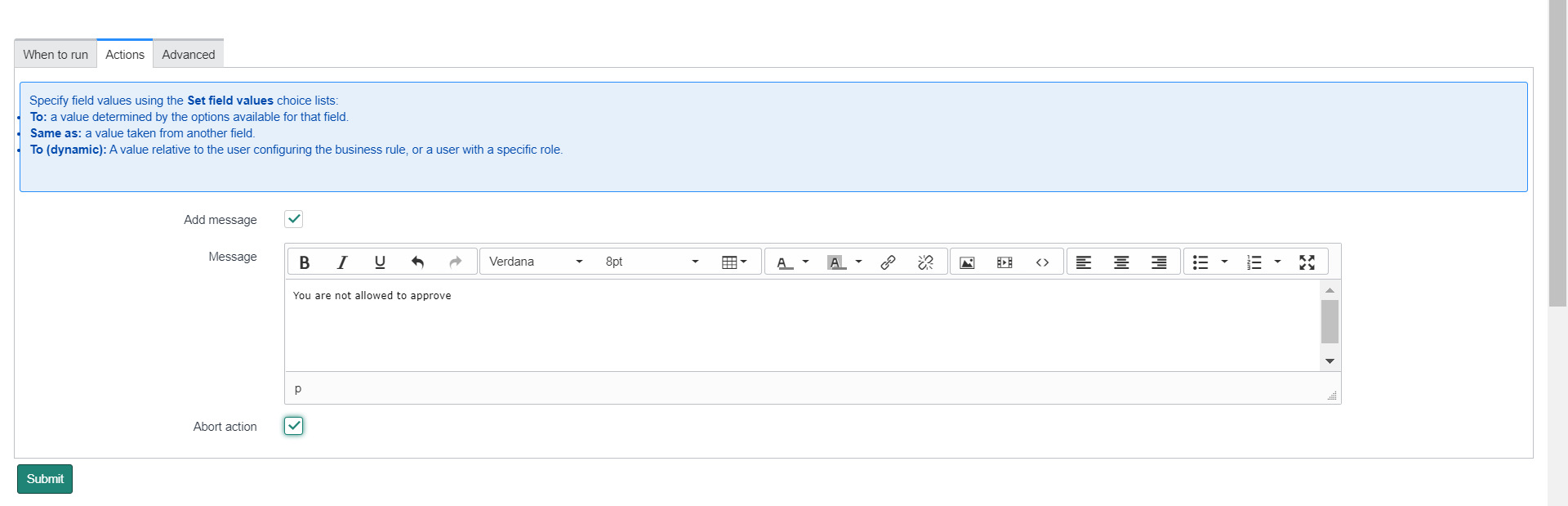 Solved: How to abort the action in Business rule - ServiceNow Community