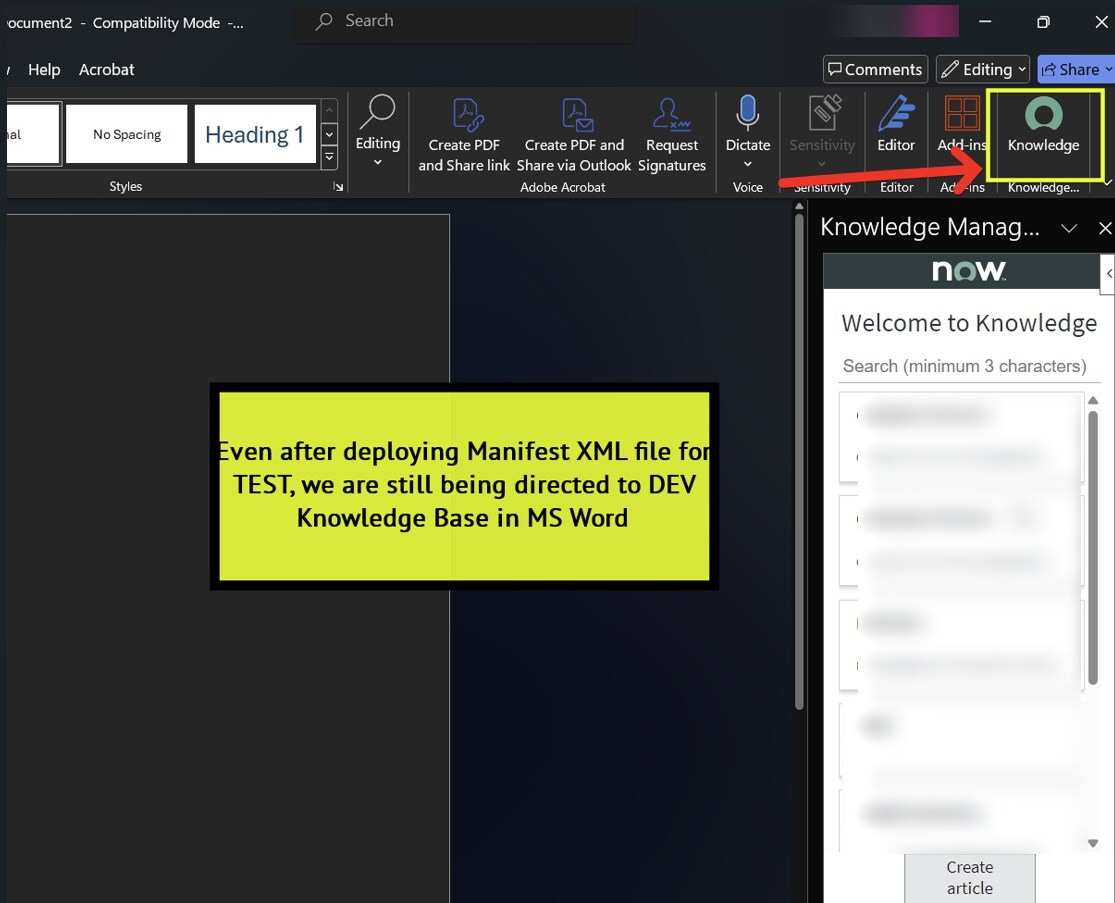 Knowledge Management plugin in MS Word directs to ... - ServiceNow ...