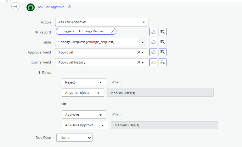 Change flows - using Ask for Approval (for manual ... - ServiceNow ...