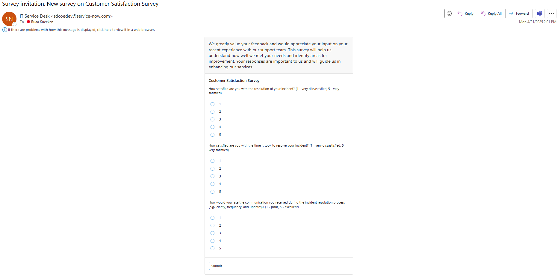 Outlook Actionable Message for embedded surveys on... - ServiceNow ...