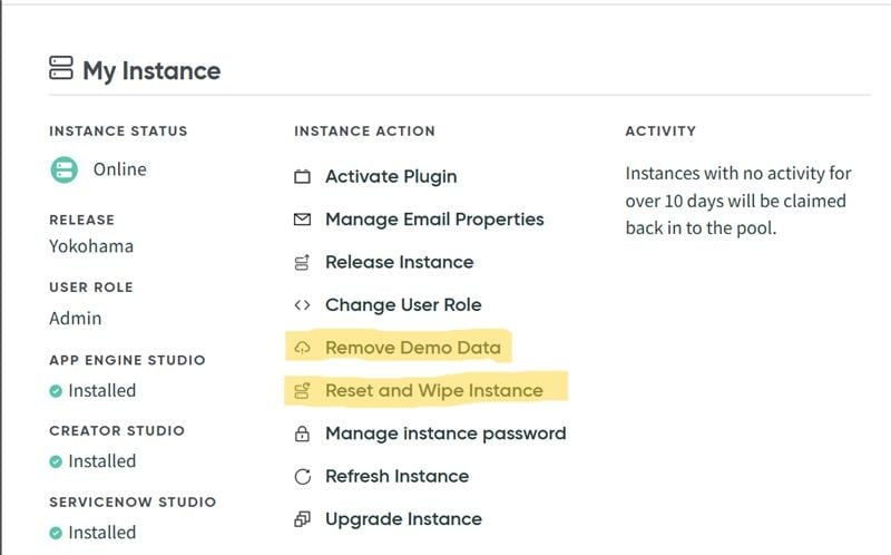 Solved: Reset Instance - ServiceNow Community