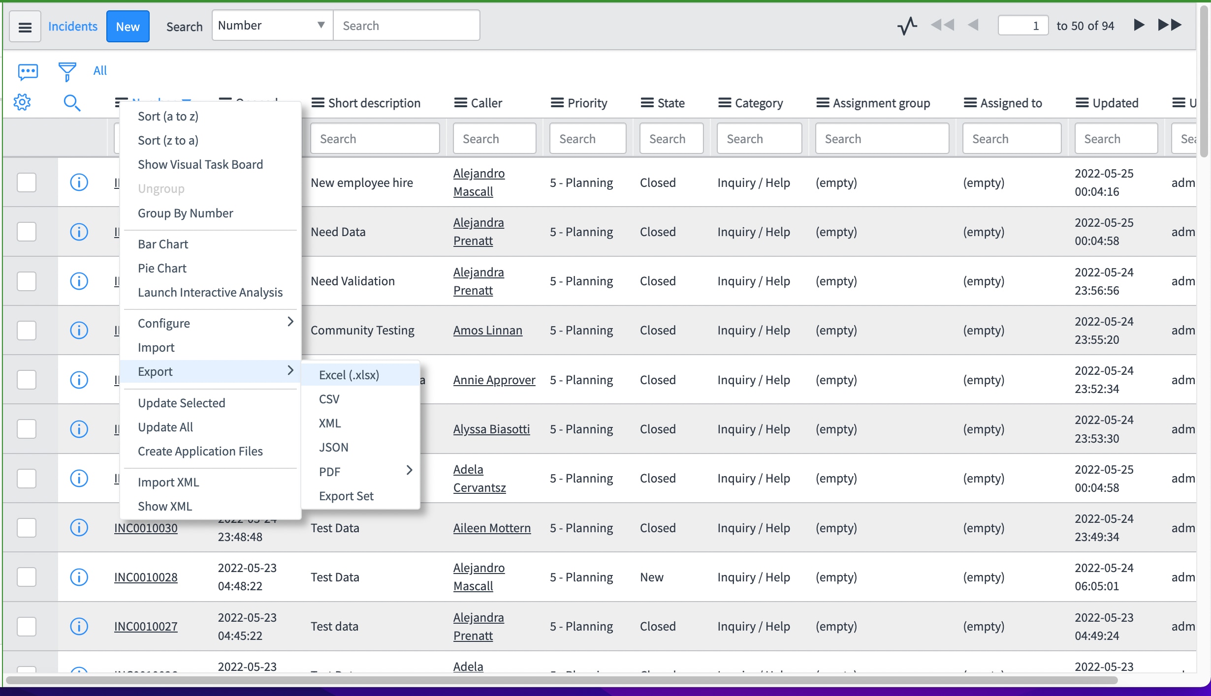 Export all the incident tickets to excel - ServiceNow Community