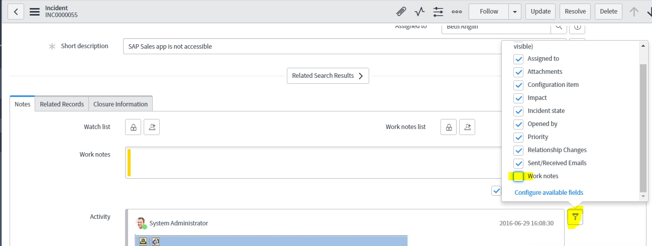Solved: User can't see work notes in activity log - ServiceNow Community