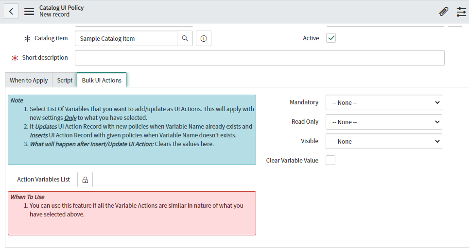 Bulk UI Policy Action Creator - Catalog Item / Var... - ServiceNow ...