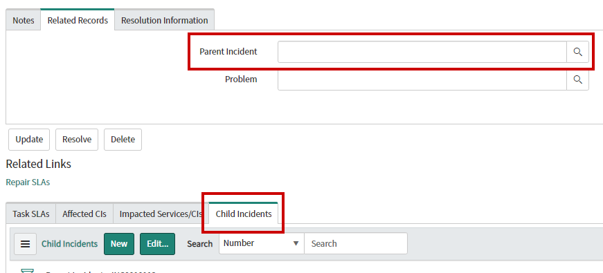Show parent child incident relationships - display... - ServiceNow ...