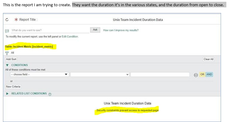 Solved: User unable to report on Incident Metric (incident ...