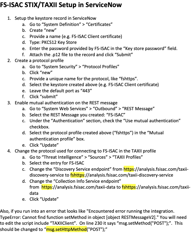 FS-ISAC STIX/TAXII Setup in ServiceNow - ServiceNow Community