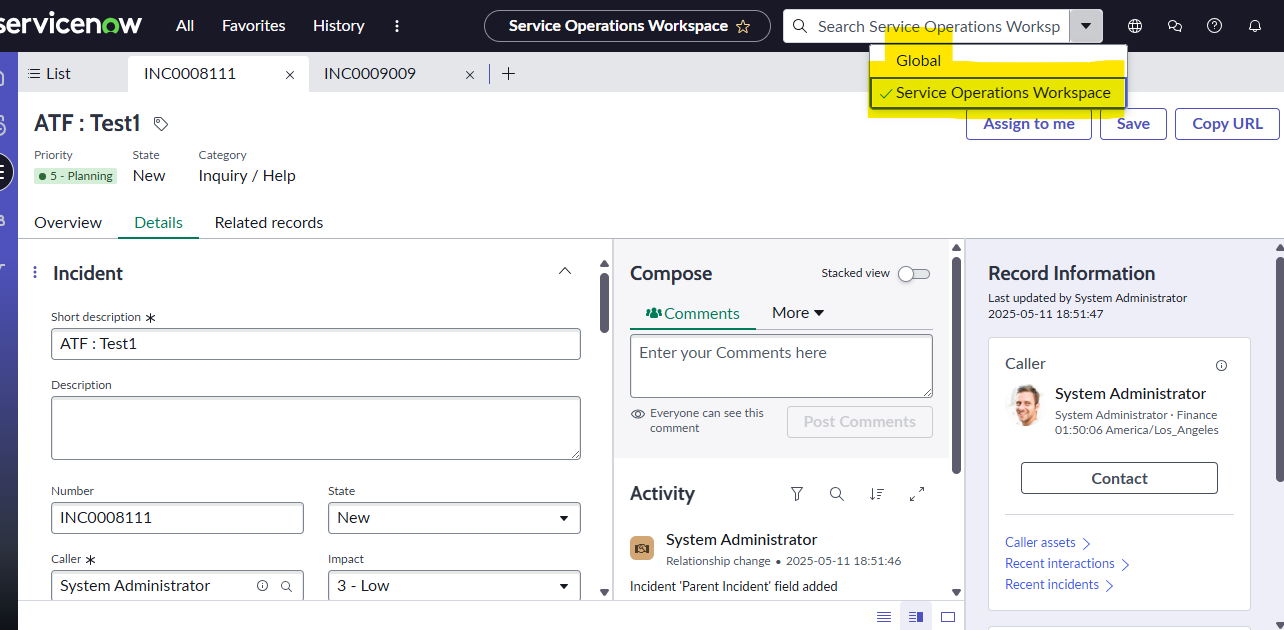 Defaulting the Global search in SOW (Service Opera... - ServiceNow ...