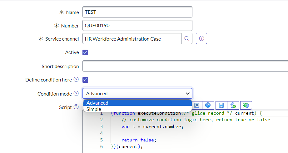 In AWA, can we utilize both Condition mode (Simple... - ServiceNow ...