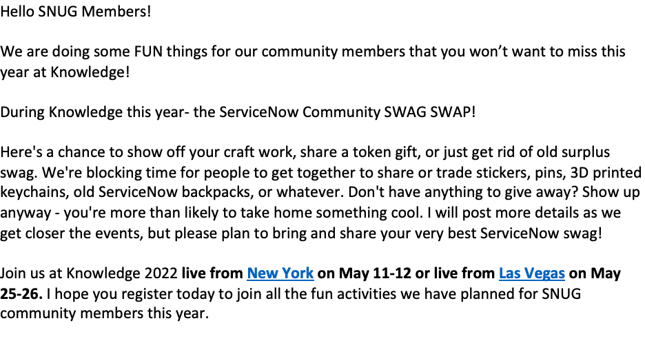 SWAG Swap at Knowledge 2022 for SNUG community mem... - ServiceNow ...
