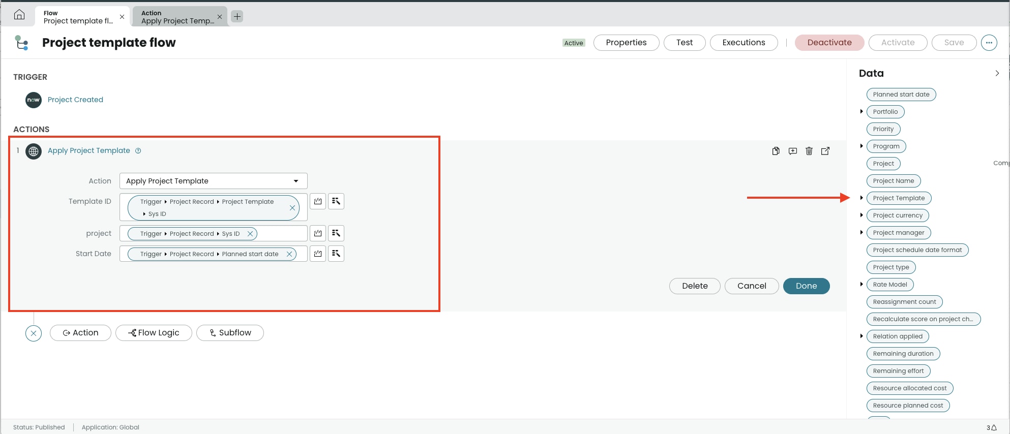 How to apply (automate) a Project Template using F... - ServiceNow ...
