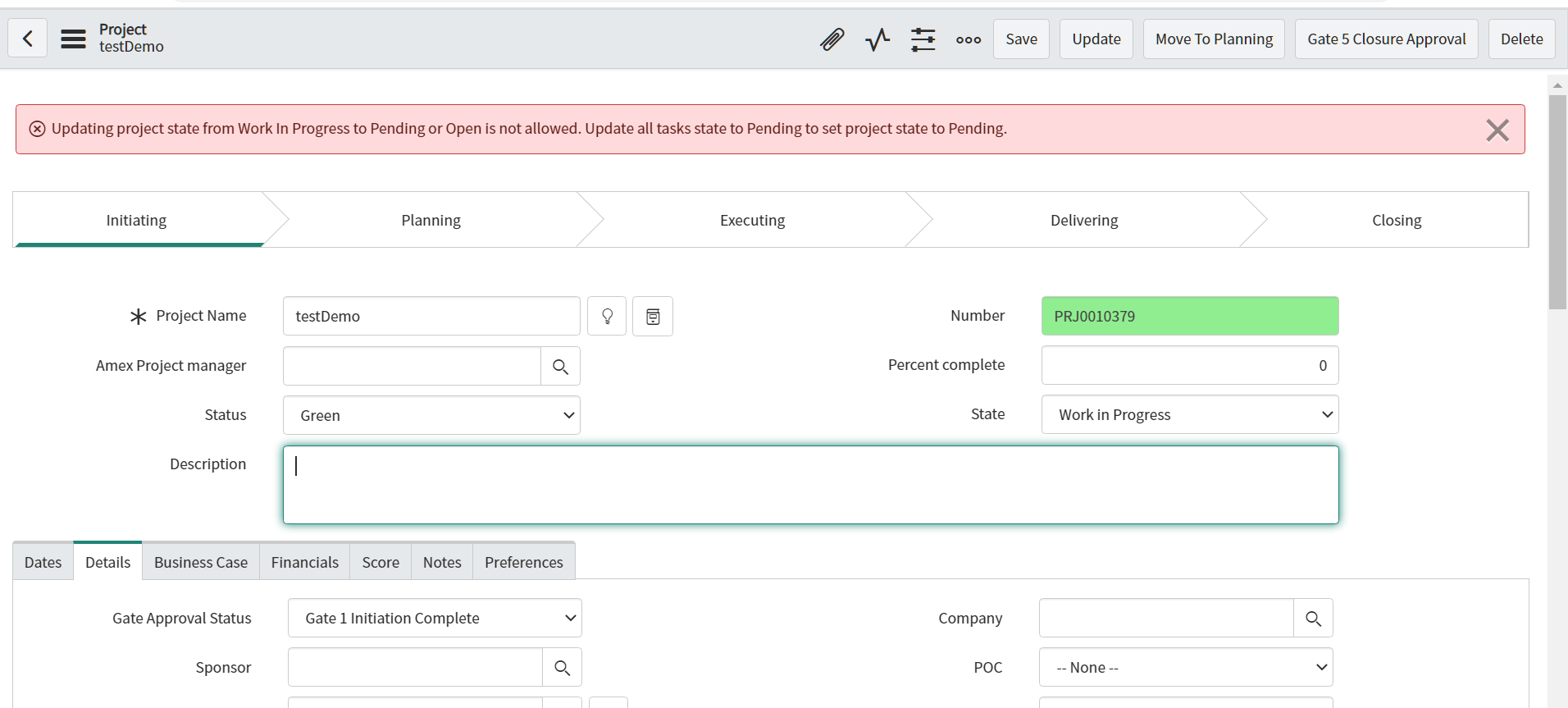 Project state change is aborted with error message... - ServiceNow ...