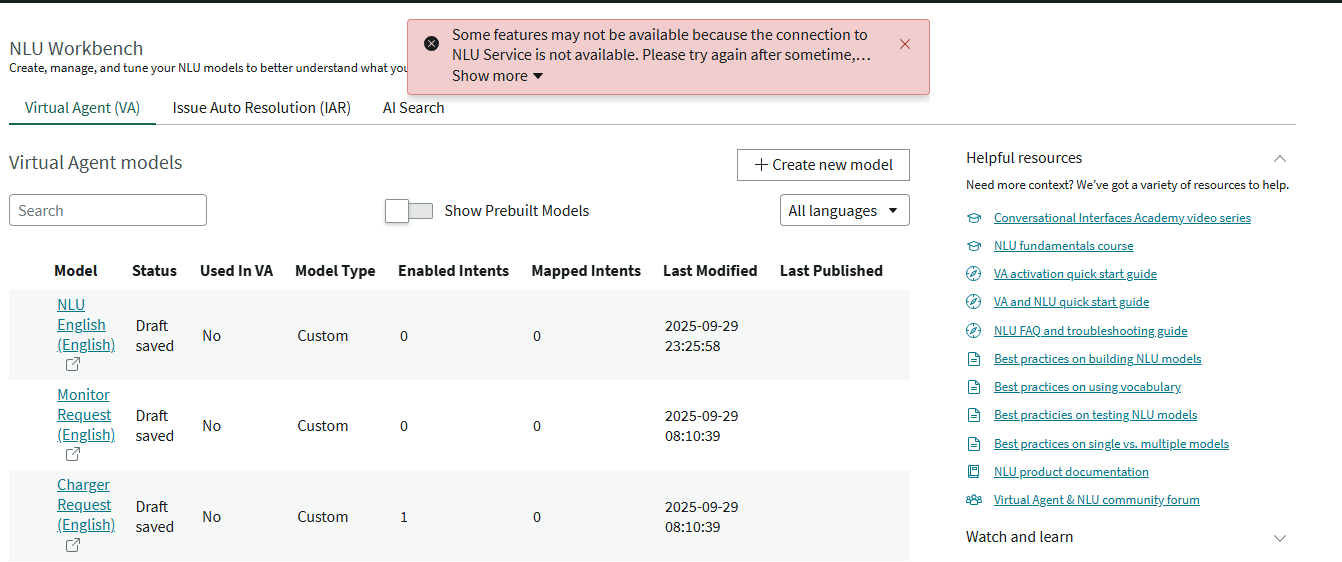 PDI : NLU: Some features may not be available beca... - ServiceNow ...