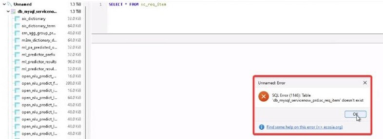 Database dump tables missing (sq_req_item, inciden... - ServiceNow ...
