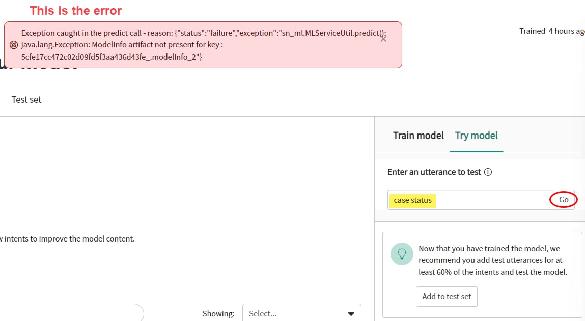 After successfully training the model I get an err... - ServiceNow ...