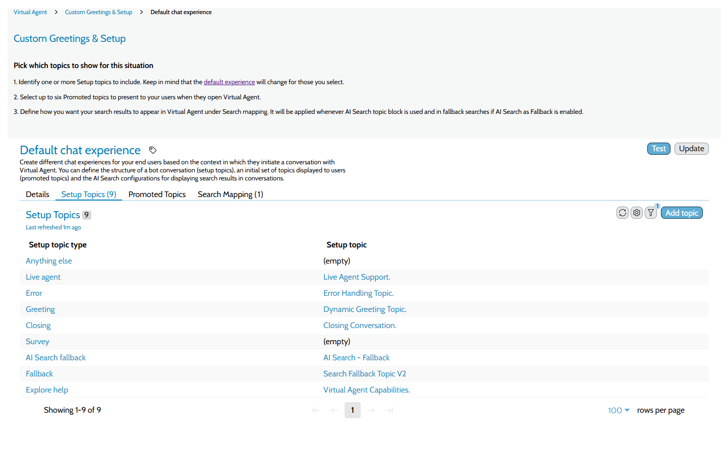 Solved: Removing Setup Topic from Default Chat Experience - ServiceNow Community