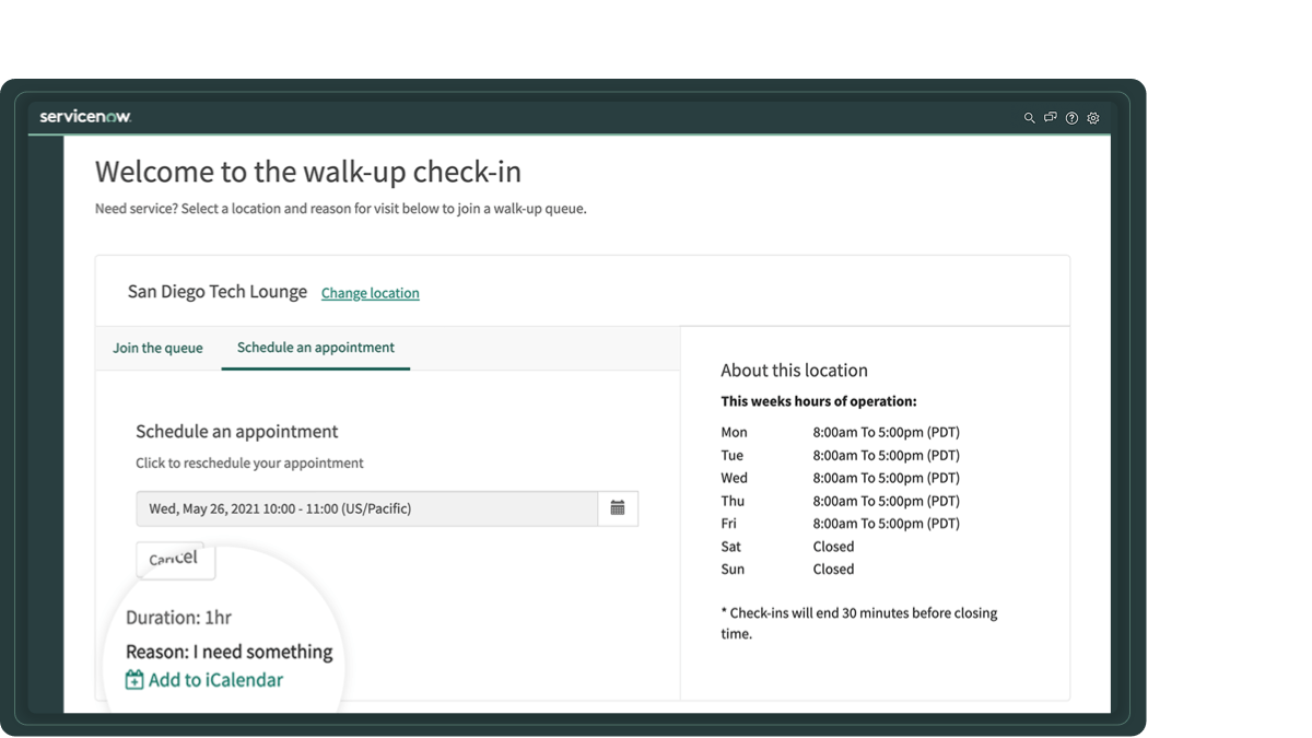 Walk-up Experience – Service Desk – ServiceNow